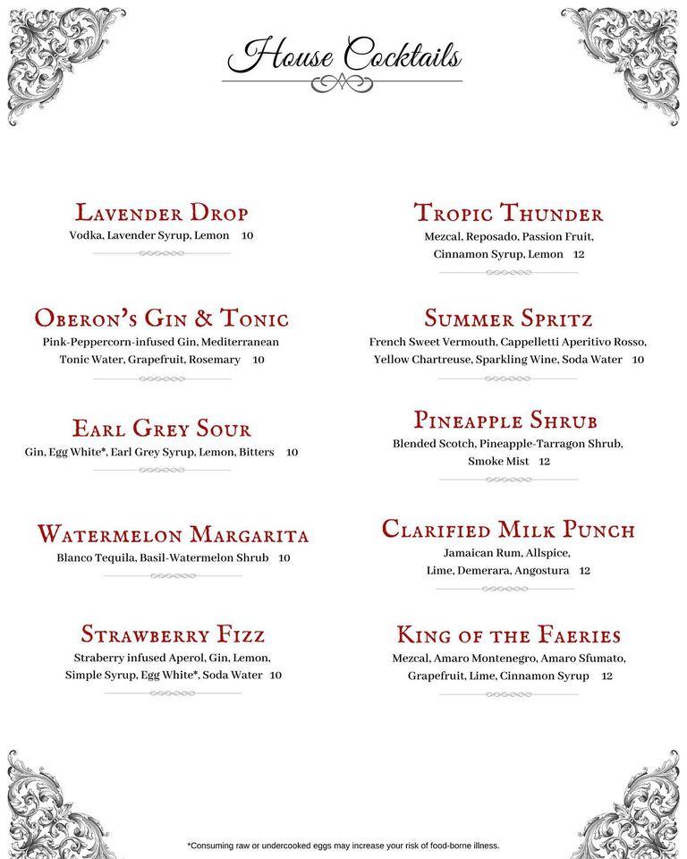 Menu at Oberon's Restaurant & Bar, Ashland