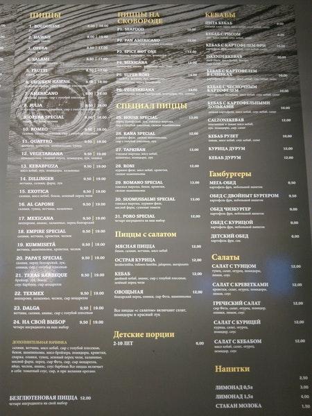Menu at Pizzeria-Roni, Suomussalmi