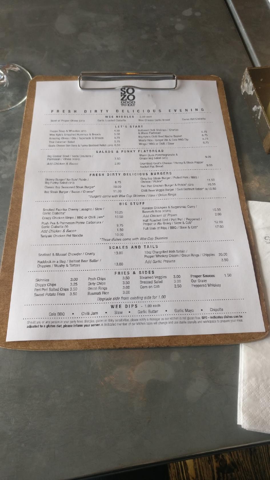 Menu at Sozo cafe, Whiteabbey, 671 Shore Rd