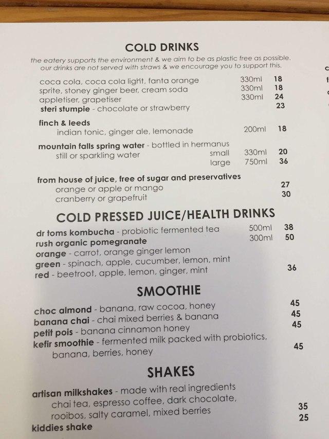 Menu at The Eatery Hermanus restaurant, Hermanus, Shop 4
