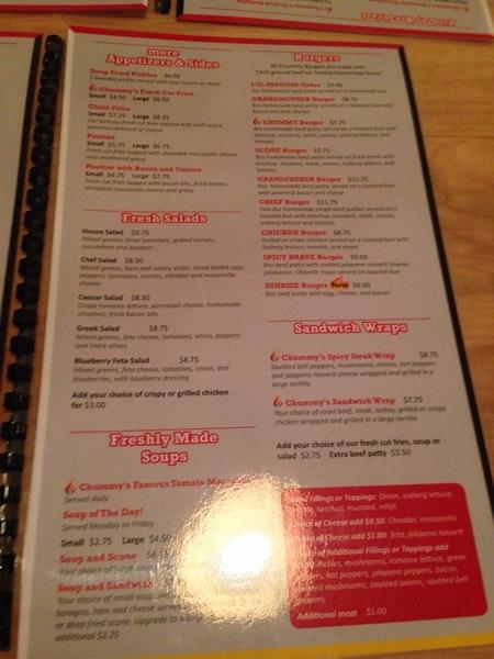 Menu at Chummy's Grill restaurant, Sault Ste. Marie