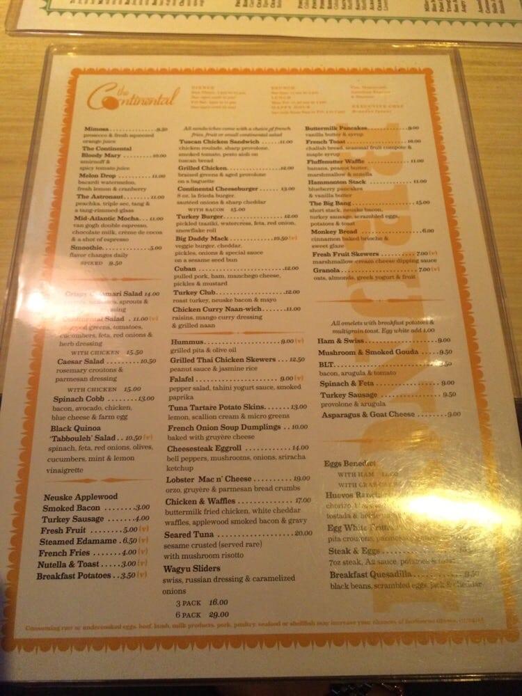 Menu at Continental pub & bar, Atlantic City