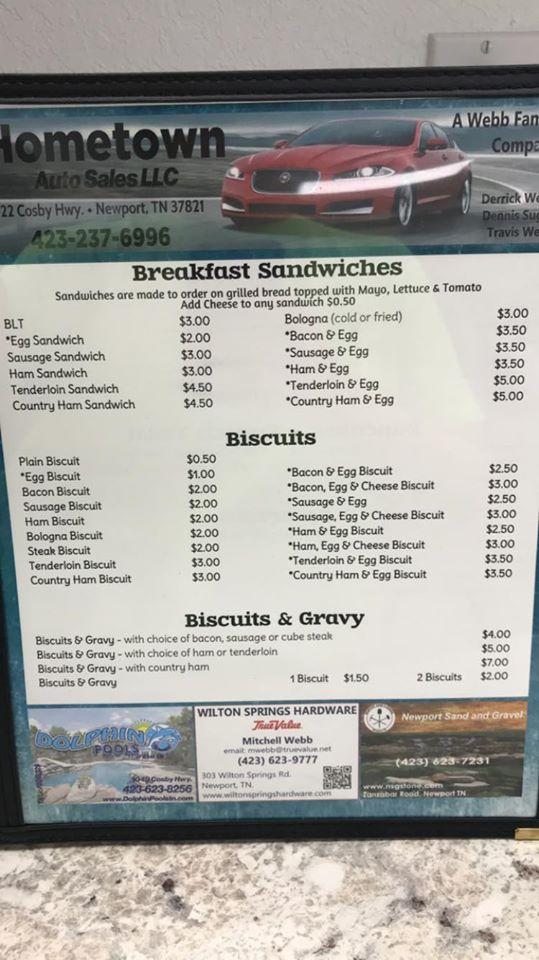 Menu at Janice's Diner restaurant, Cosby