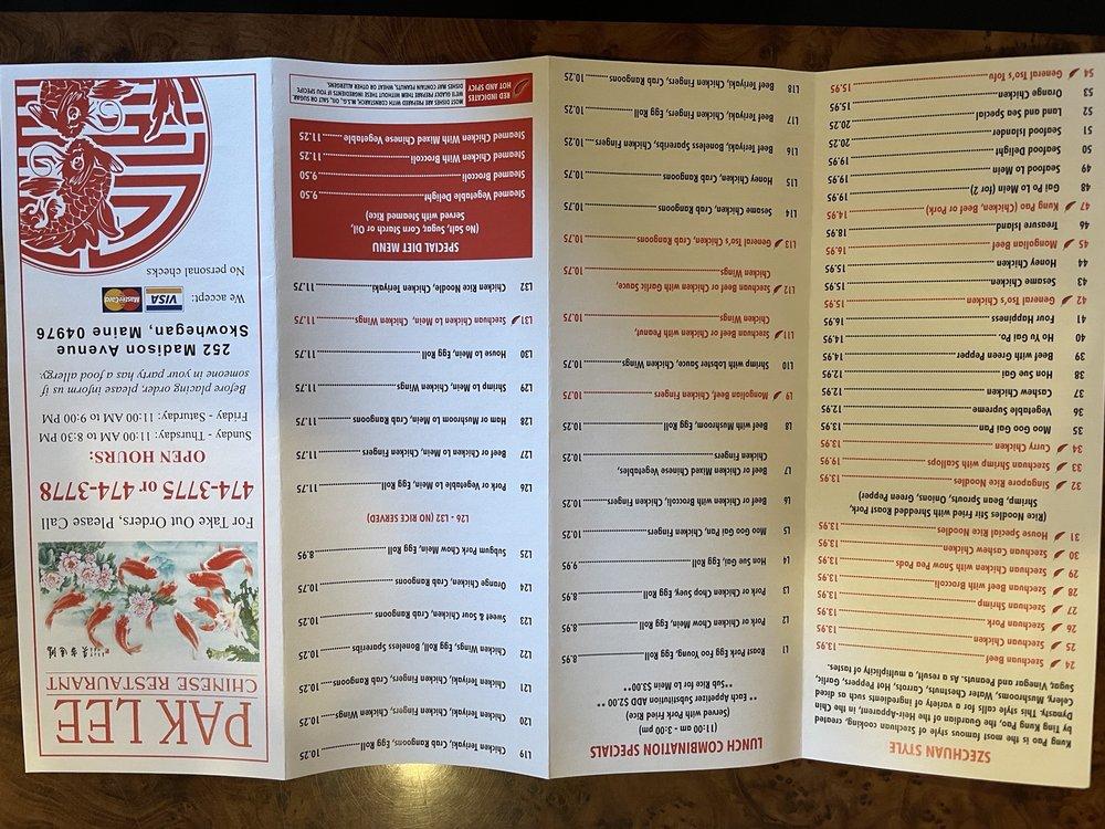 Menu at Pak Lee restaurant, Skowhegan