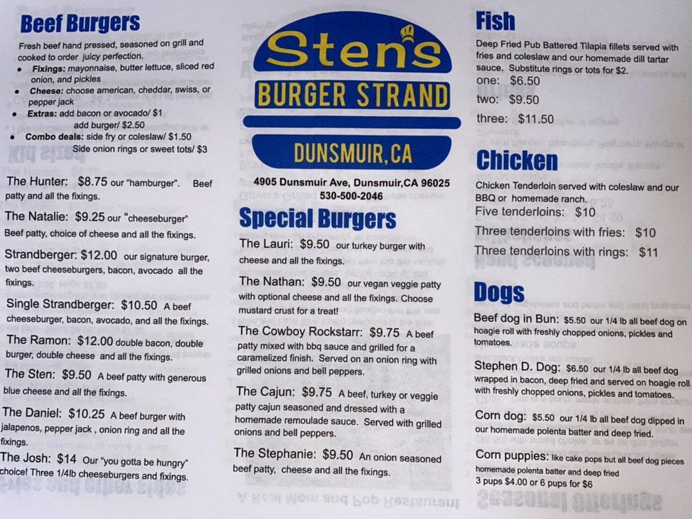 Carta del restaurante Sten’s Burger Strand, Dunsmuir