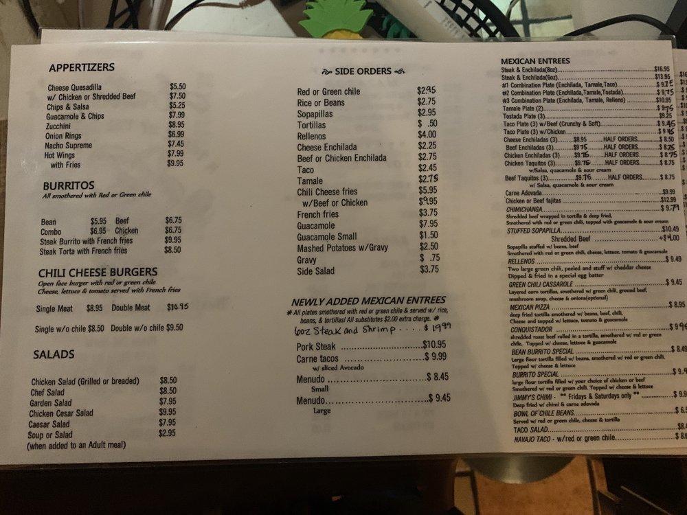 Menu at Anthony's A Taste Of The Southwest restaurant, Gallup