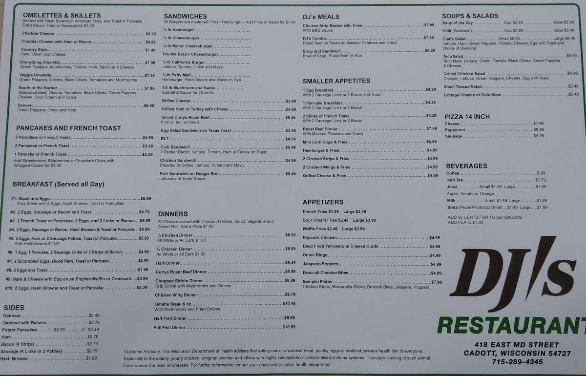 Menu at DJ's Restaurant, Cadott, 418 E M D St