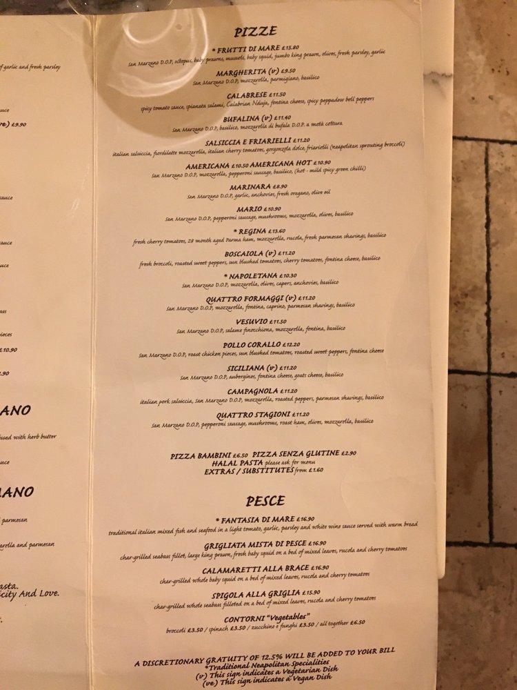 Menu at Da Mario Kensington restaurant, London, 15 Gloucester Rd