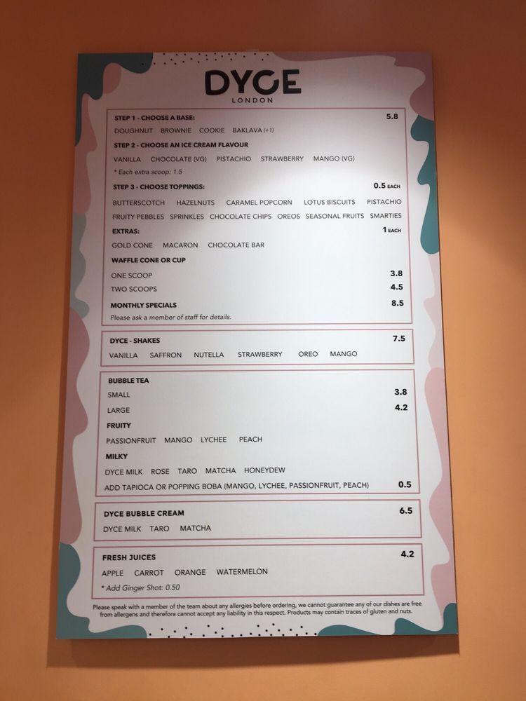 Menu at Dyce desserts, London