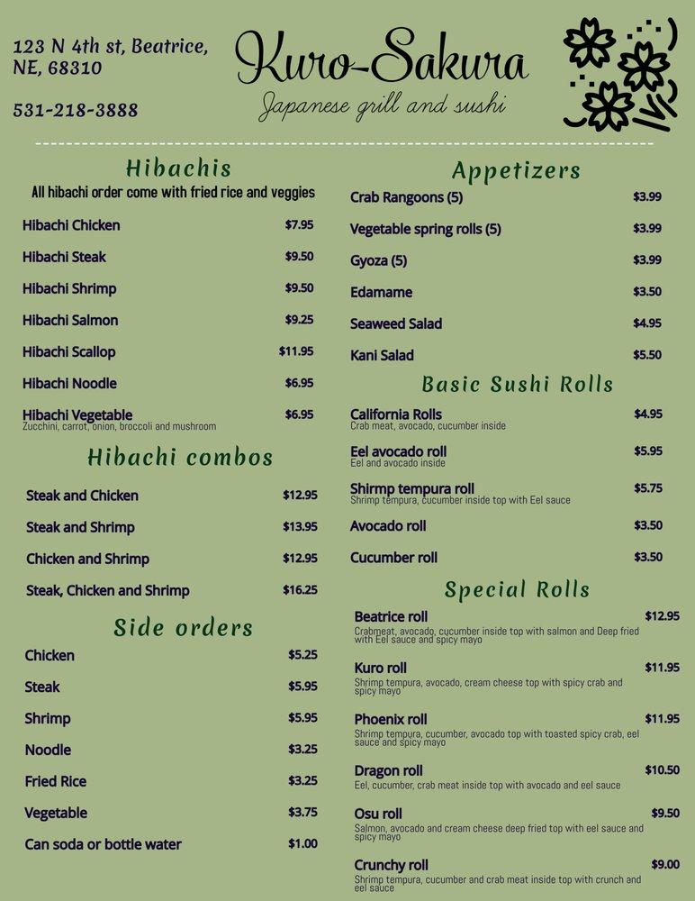 Menu at Kuro-Sakura Hibachi and Sushi restaurant, Beatrice