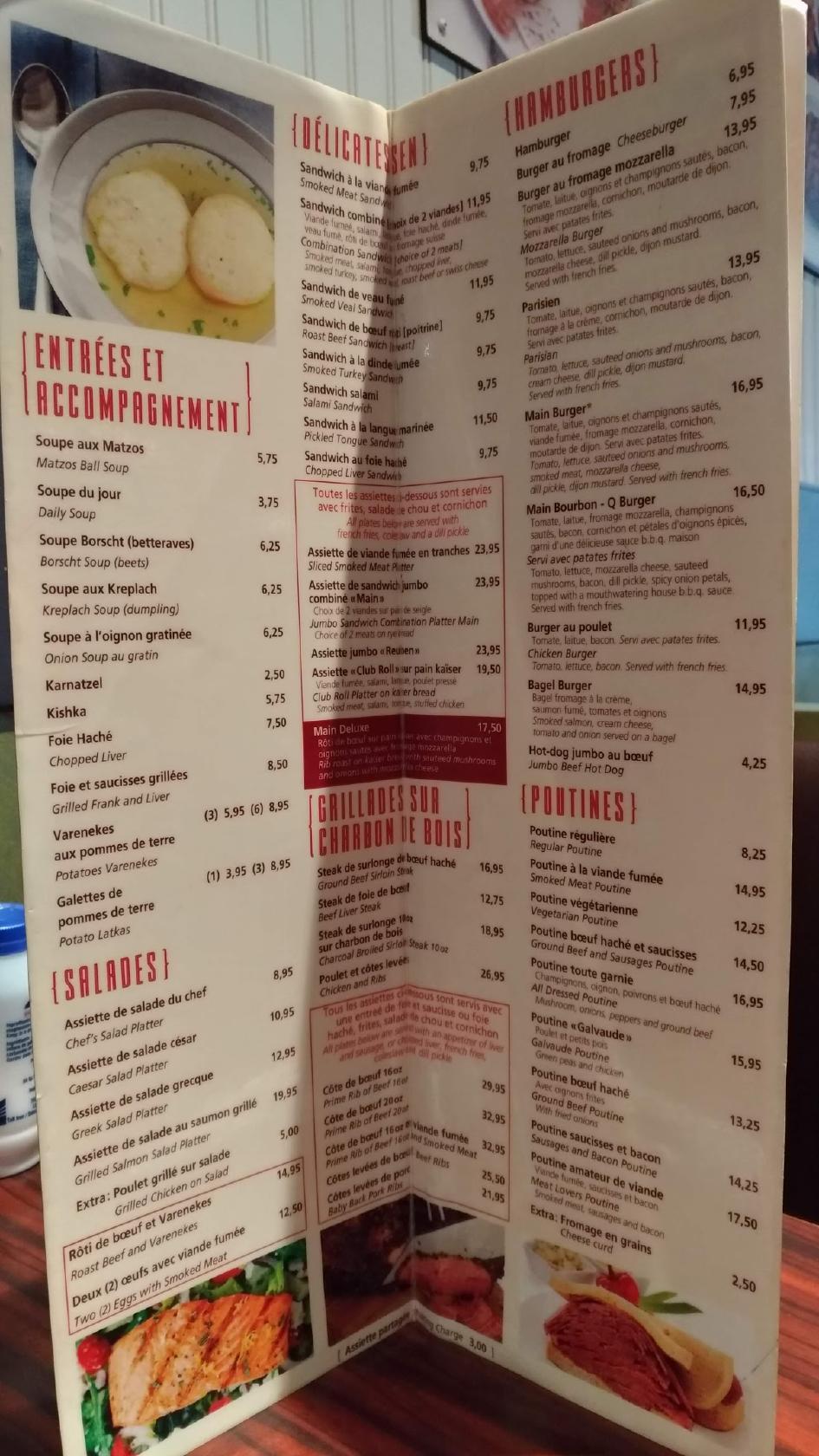 Menu at MAIN DELI steakhouse, Montréal