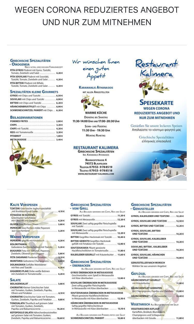 Speisekarte von Restaurant Kalimera, Blaufelden