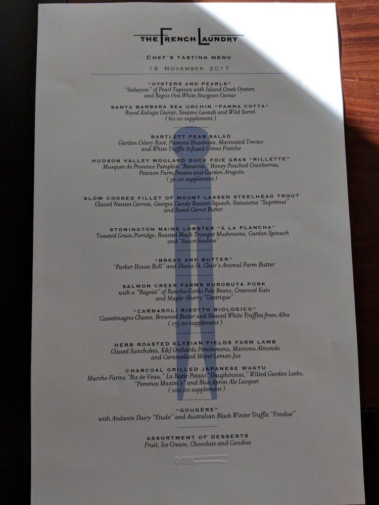 Menu at The French Laundry restaurant, Yountville