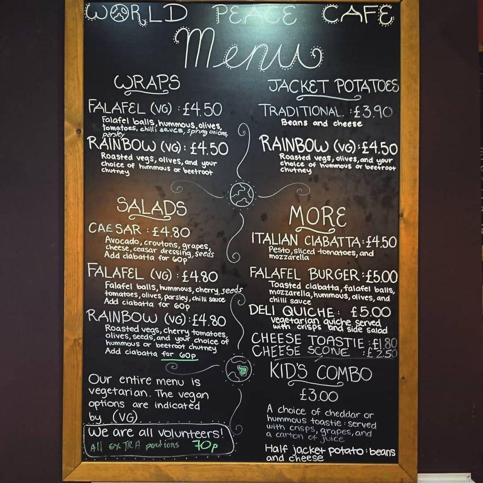 Menu at World Peace Cafe, Leicester