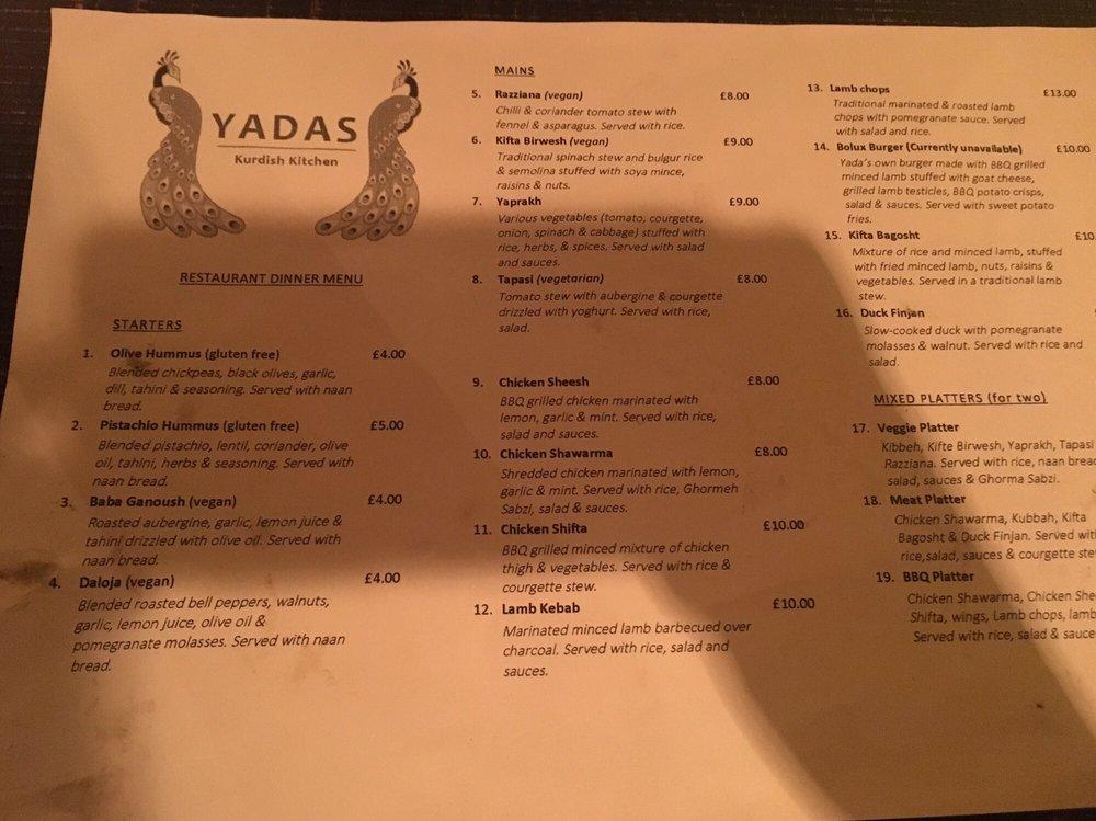 Menu at Yada's Green Kitchen restaurant, London, 104-106