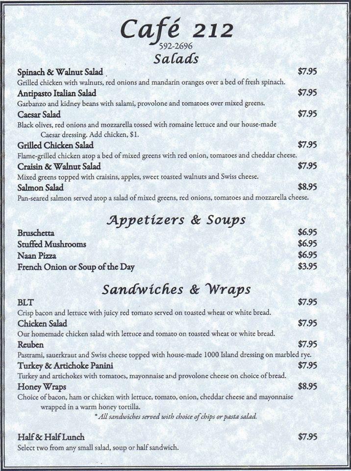 Menu at Cafe 212, Bellefontaine