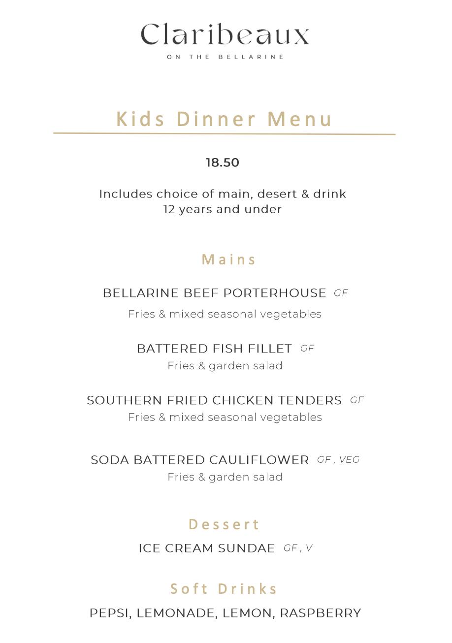 Menu at Claribeaux restaurant, Curlewis