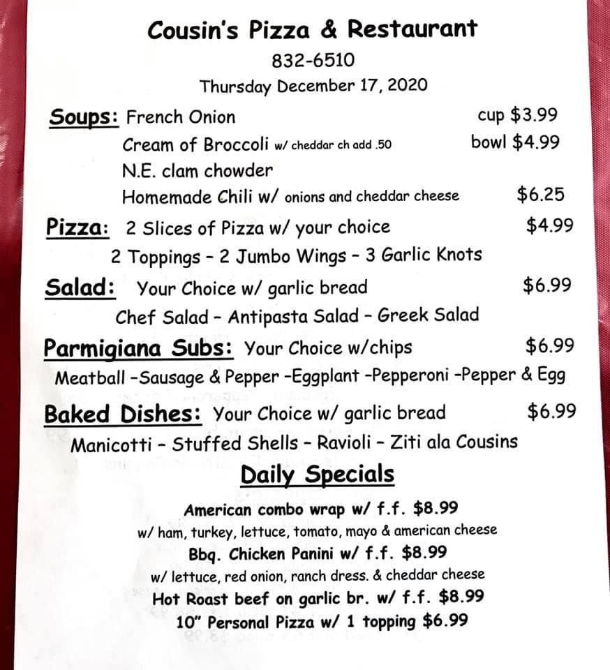 Menu at Cousin's Pizza pizzeria, Wingdale, NY-22