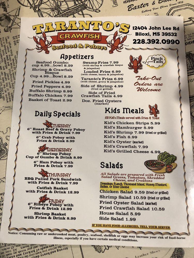 Menu at Taranto's Crawfish restaurant, Biloxi