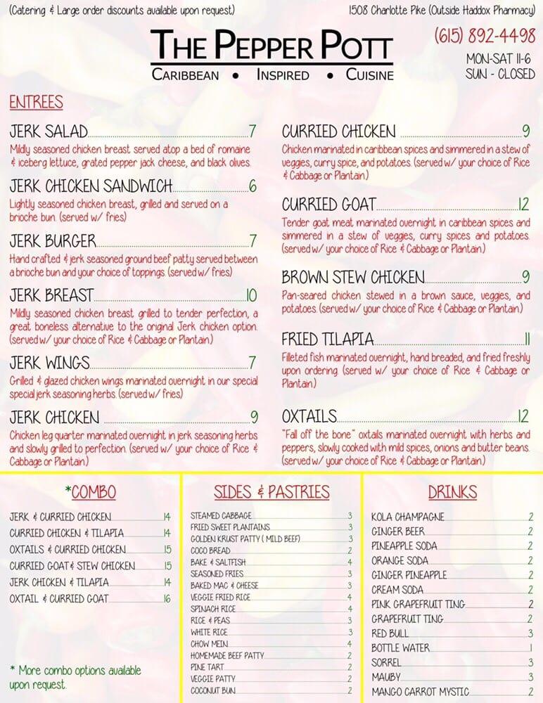 Menu at The Pepper Pott restaurant, Nashville, Alabama Ave