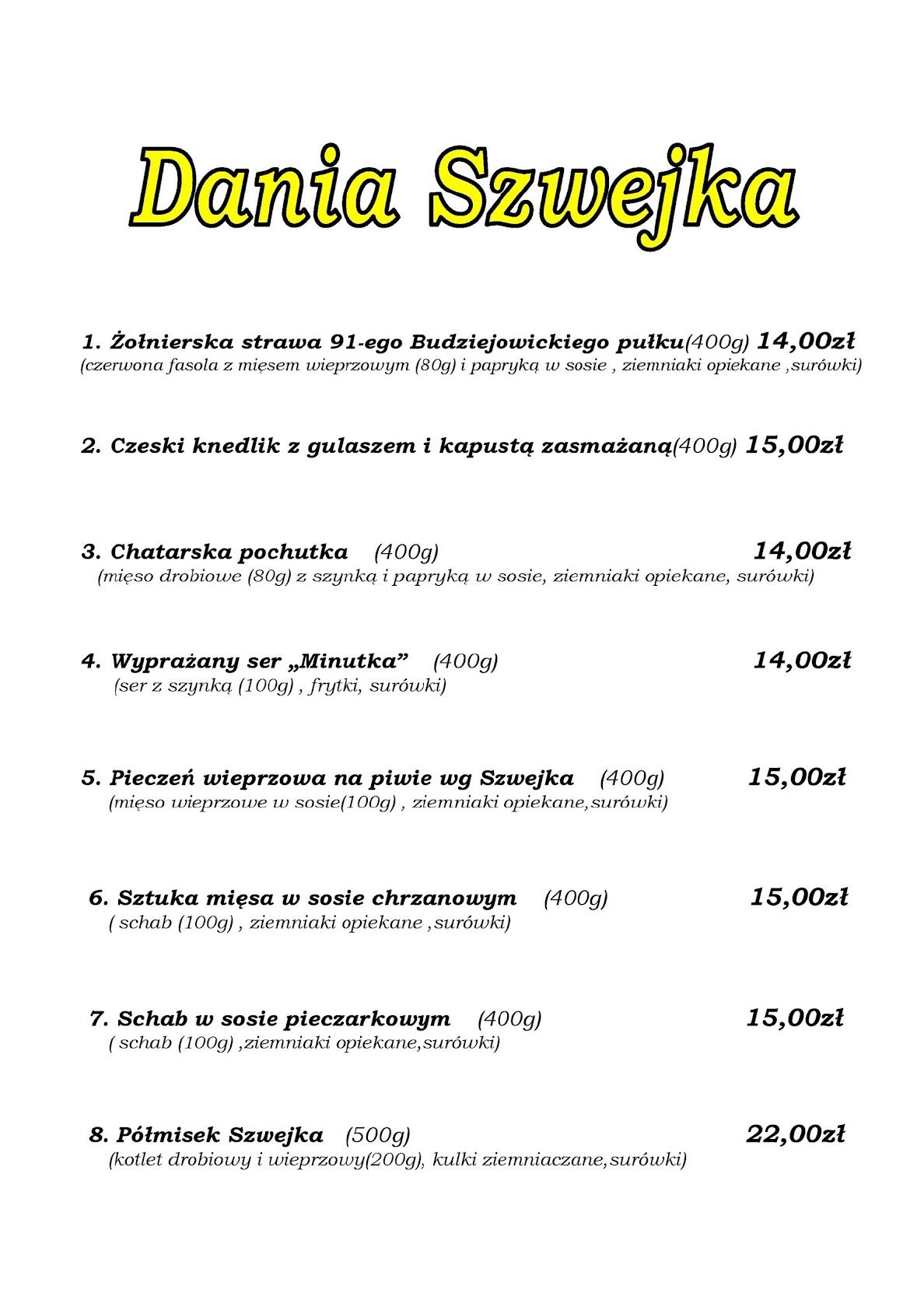 Menu at U Szwejka restaurant, Sanok, 3 Maja 15