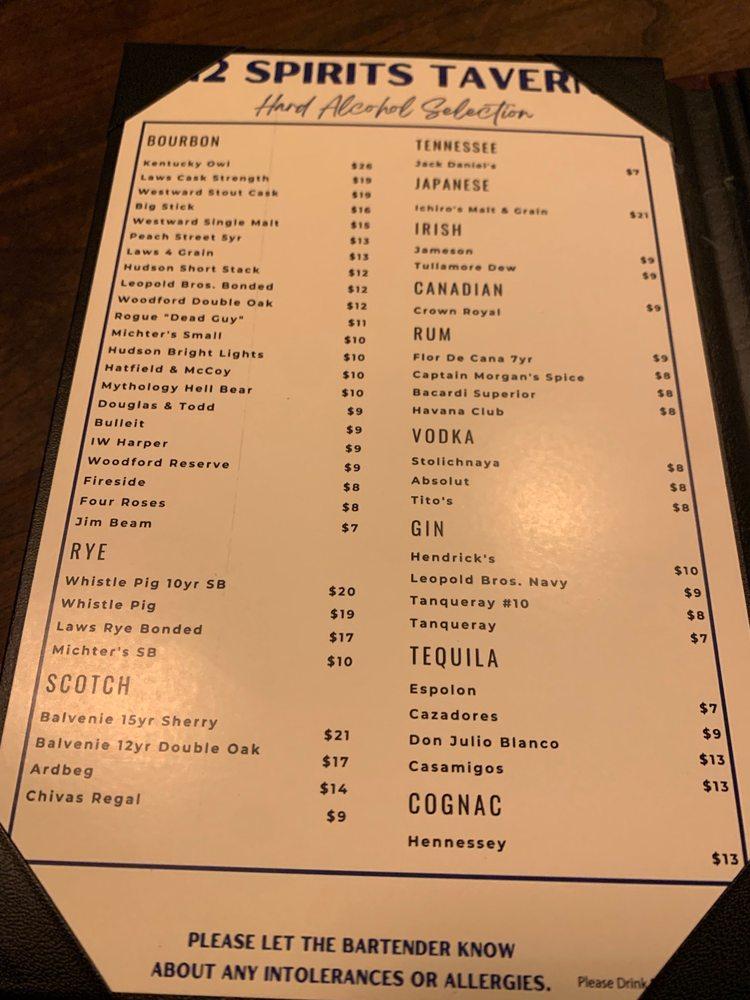 Menu at 12 Spirits Tavern pub & bar, Denver