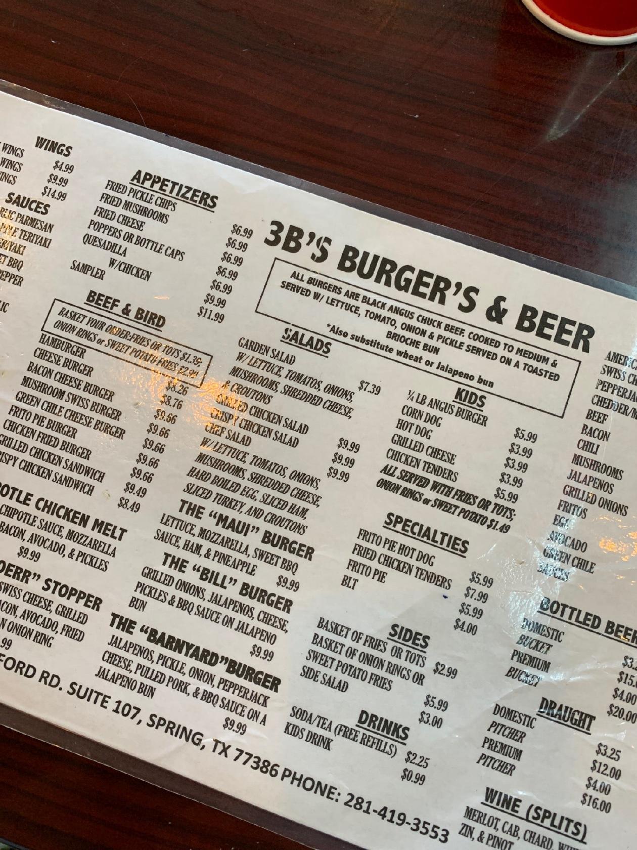 Menu at 3B's Burgers & Beer pub & bar, Spring