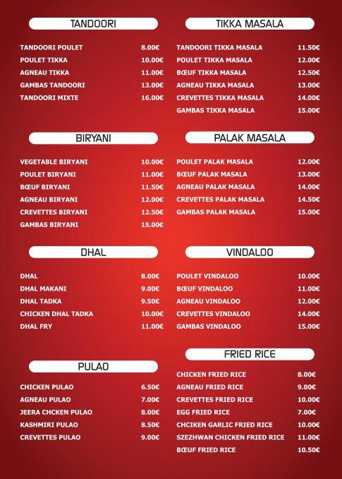 Menu at Best of India restaurant, Paris