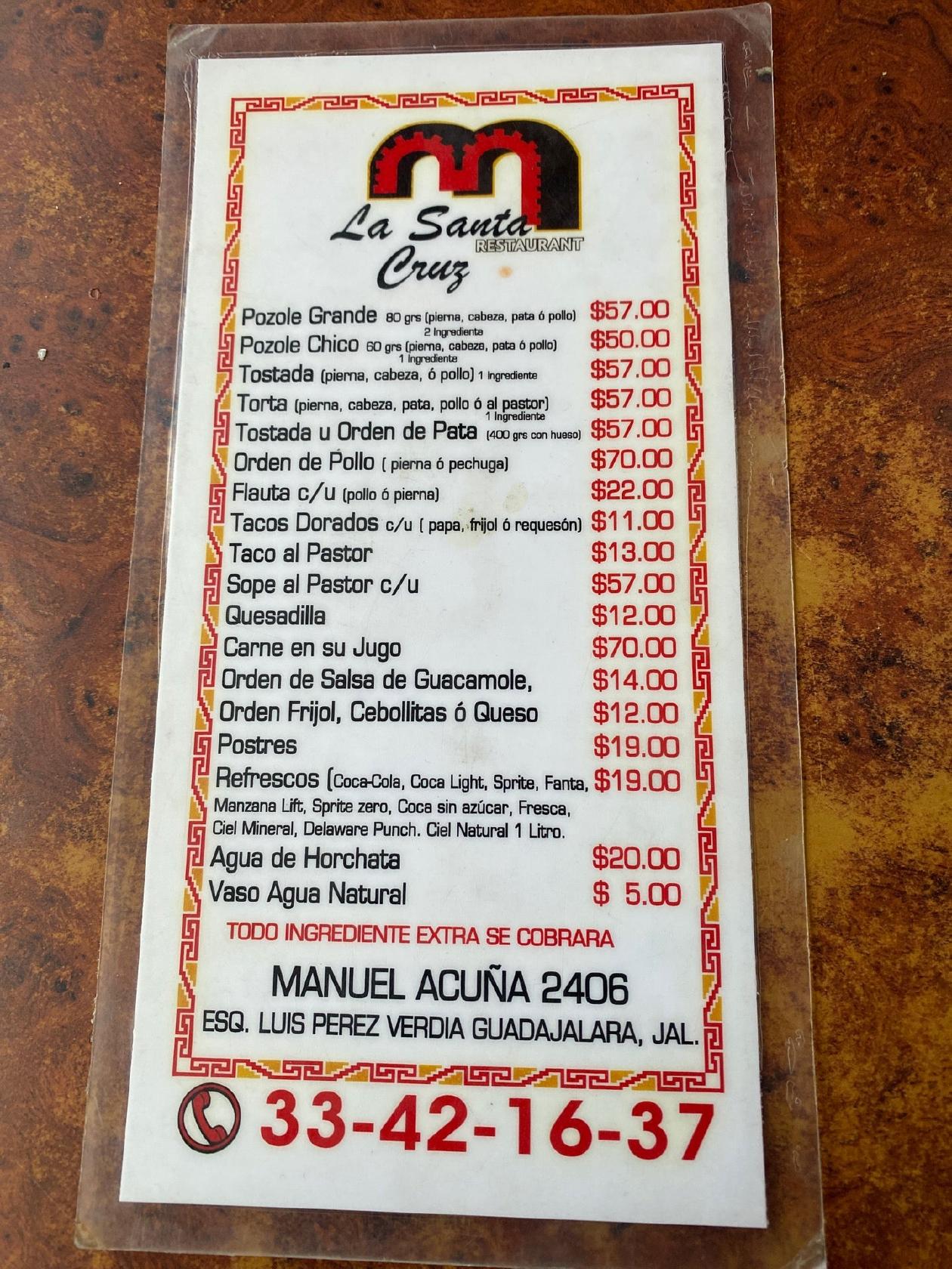 Carta del restaurante La Santa Cruz, Guadalajara, Avenida Manuel Acuña 2406