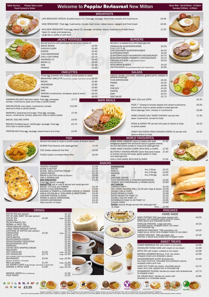 Menu at Poppins Restaurant, New Milton