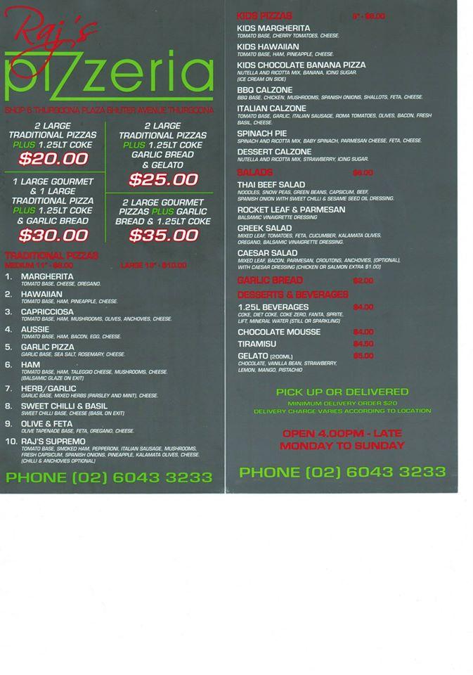 Menu at Raj's Pizzeria, Thurgoona