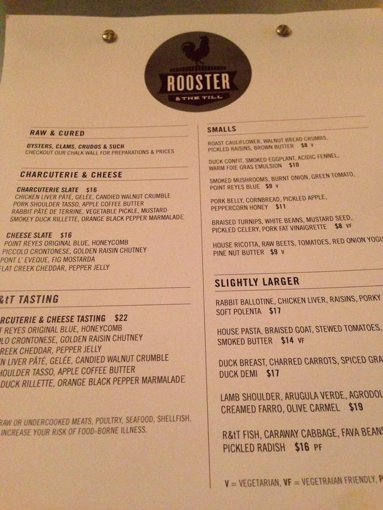 Menu at Rooster & the Till restaurant, Tampa