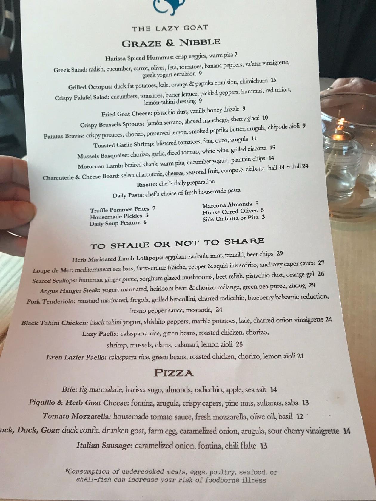 Menu at The Lazy Goat restaurant, Greenville, 170 Riverplace