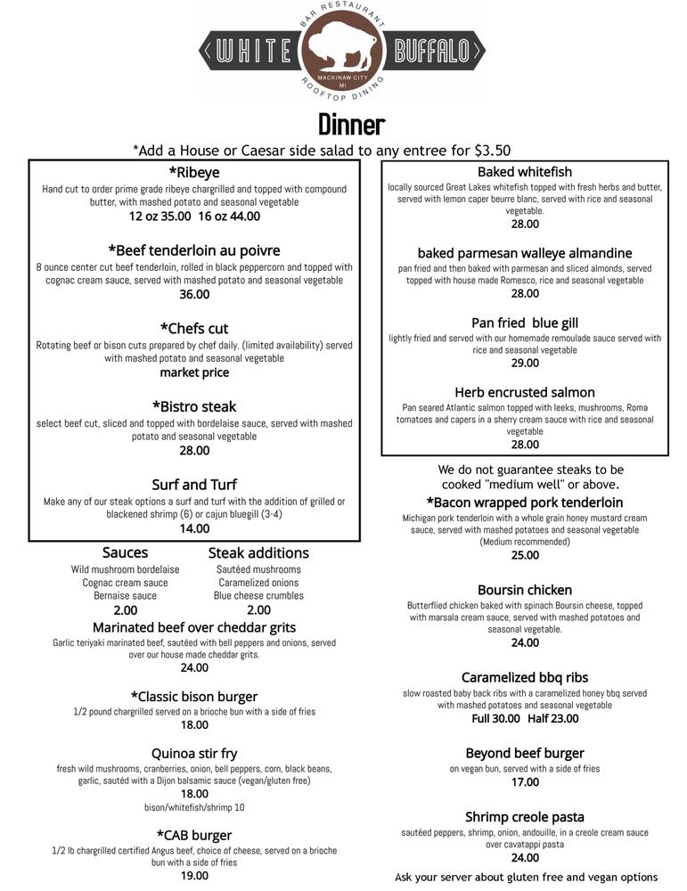 Menu at The White Buffalo Bar & Grille, Mackinaw City
