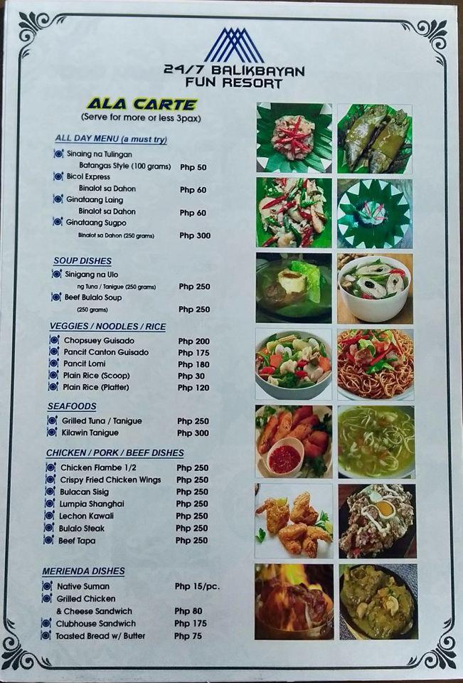 Menu at 24/7 Balikbayan Fun Resort, Tiwi