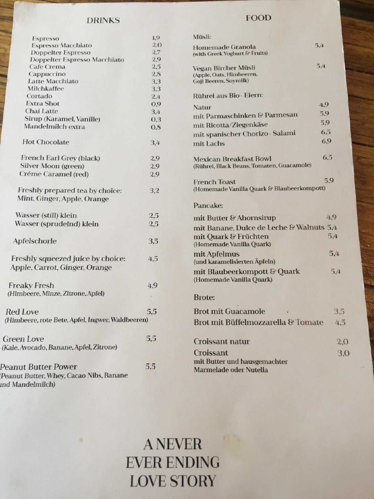 Speisekarte von A Never Ever Ending Love Story restaurant, Berlin