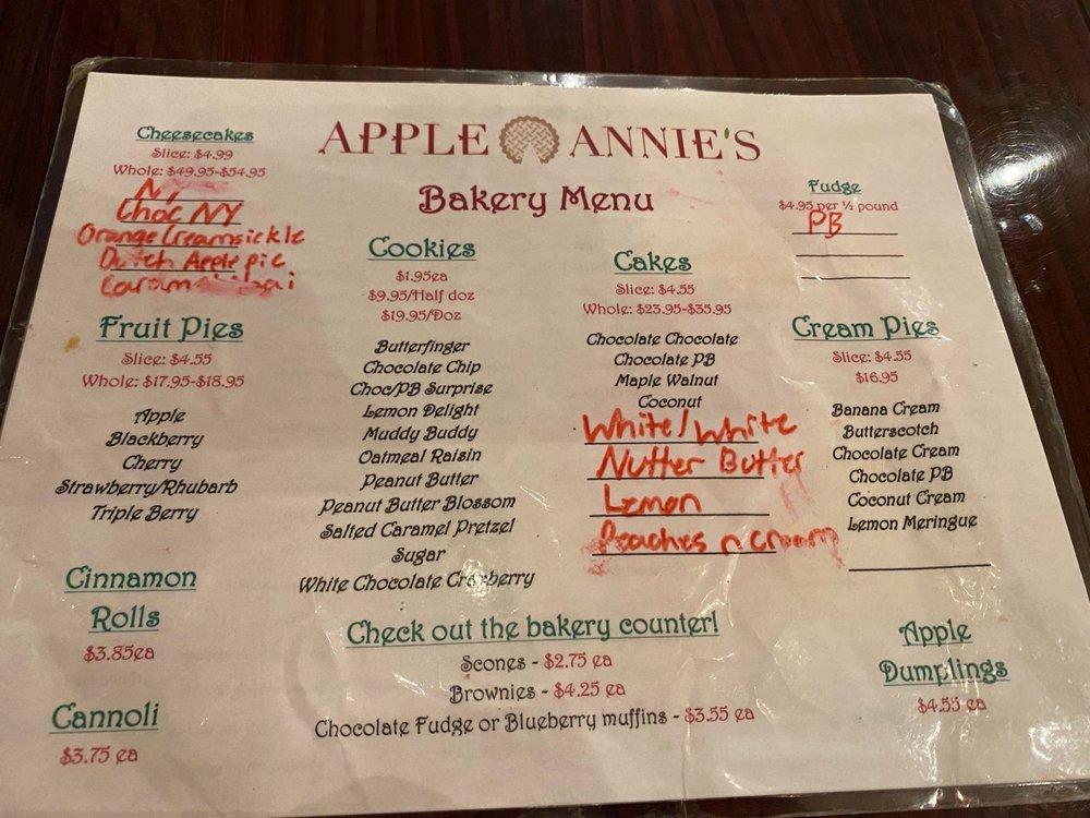 Menu at Apple Annie's restaurant, Cheat Lake, Mid Atlantic Dr