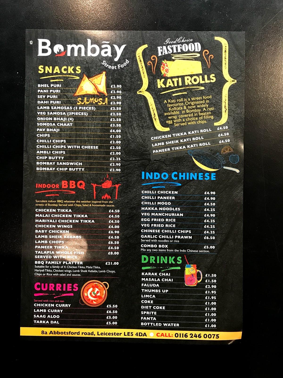 Menu at Bombay Street Food restaurant, Leicester