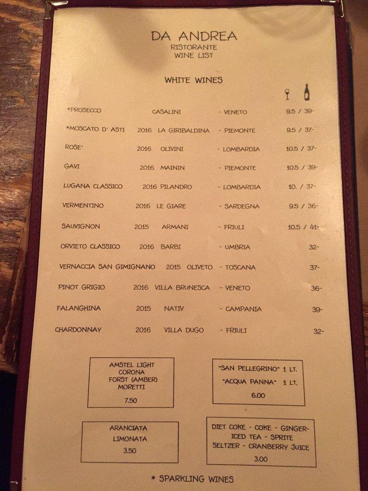 Menu at Da Andrea restaurant, New York City
