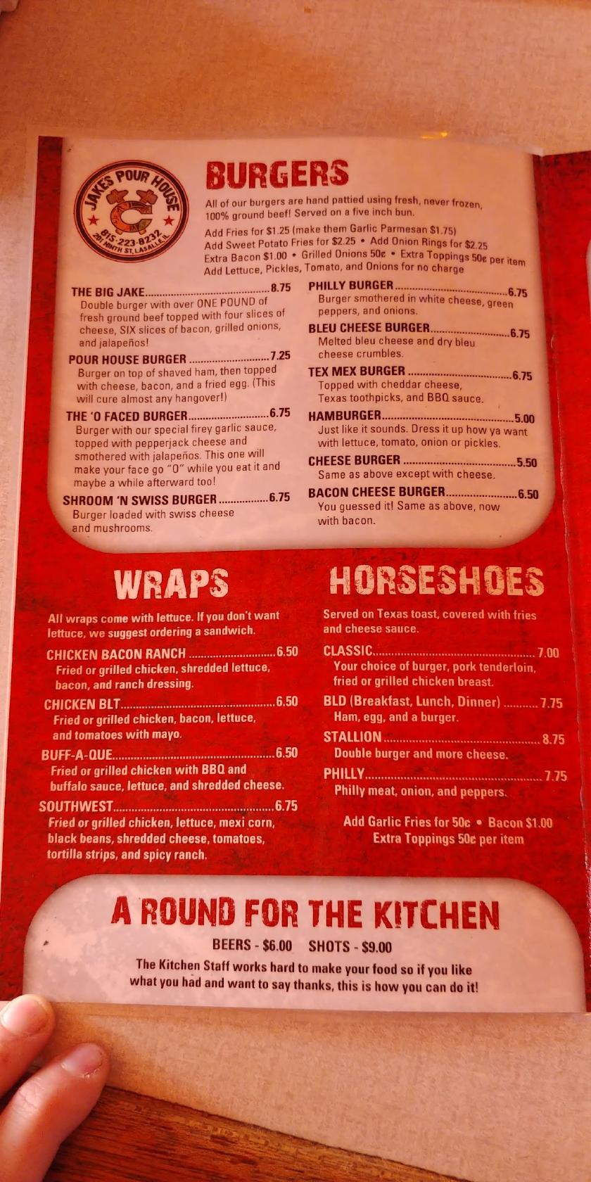 Menu at Jake's Pourhouse pub & bar, LaSalle