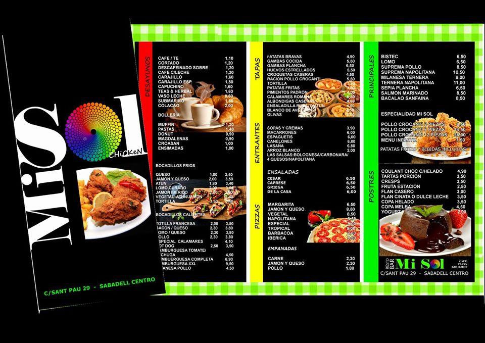 Menu at Mi Sol Chicken restaurant, Barcelona