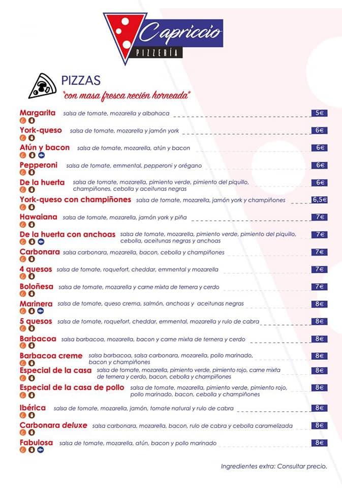 Menu at Pizzeria Capriccio, Fuente de Cantos