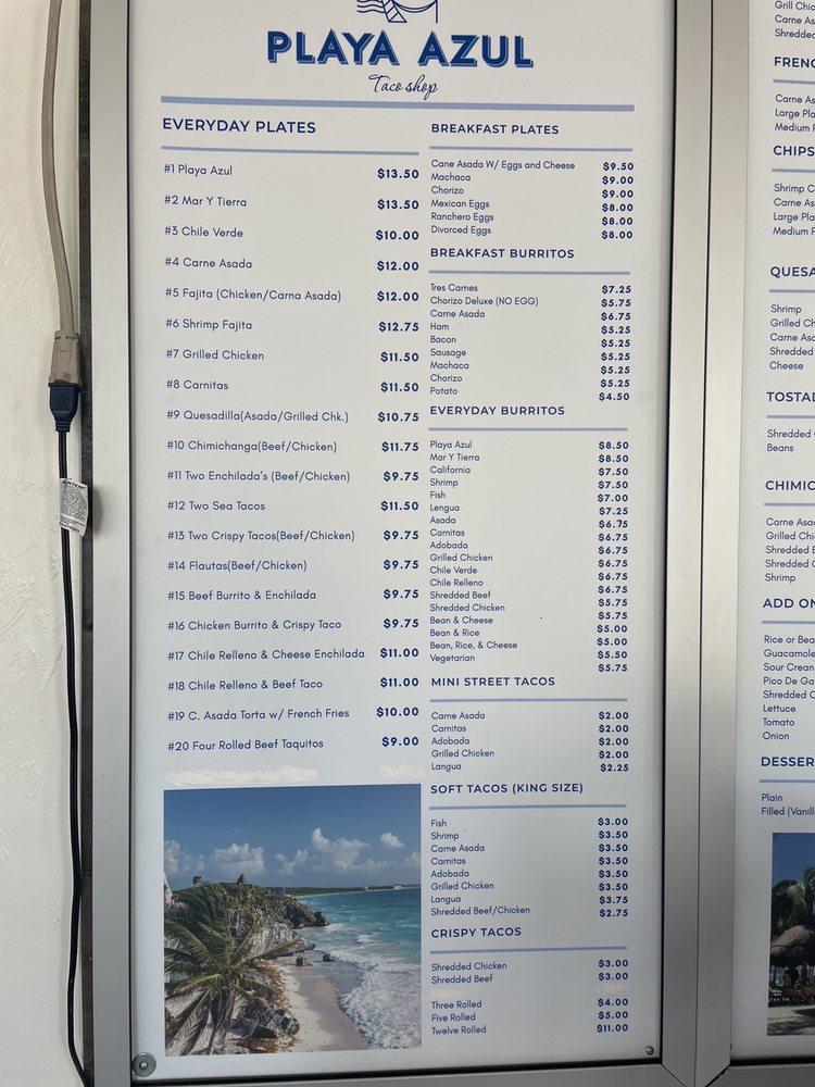 Menu at Playa Azul Taco Shop restaurant, Salina