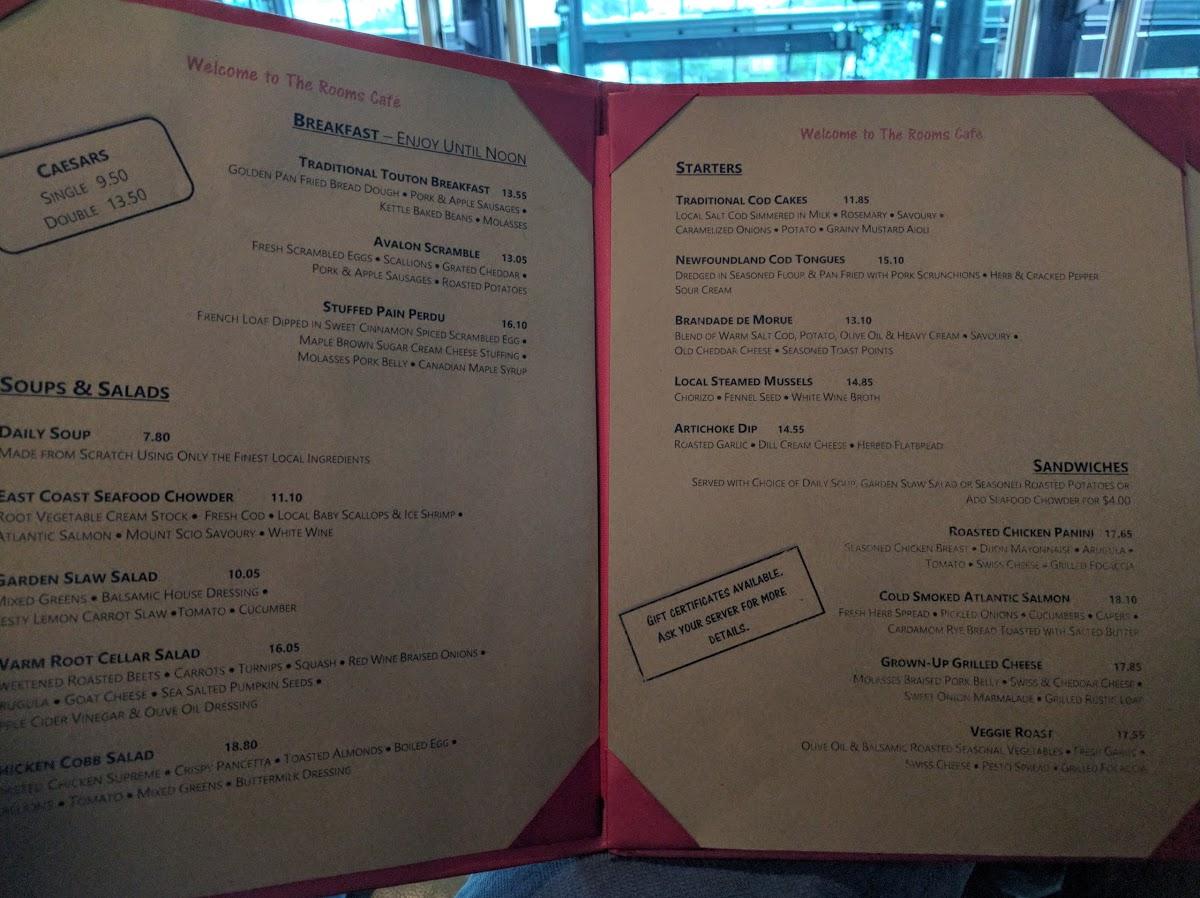 Menu at Red Oak restaurant, St. John's