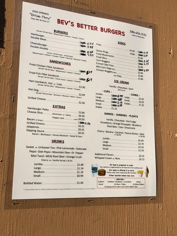 Menu at Bev's Better Burgers of Alachua restaurant, Alachua, N Main St