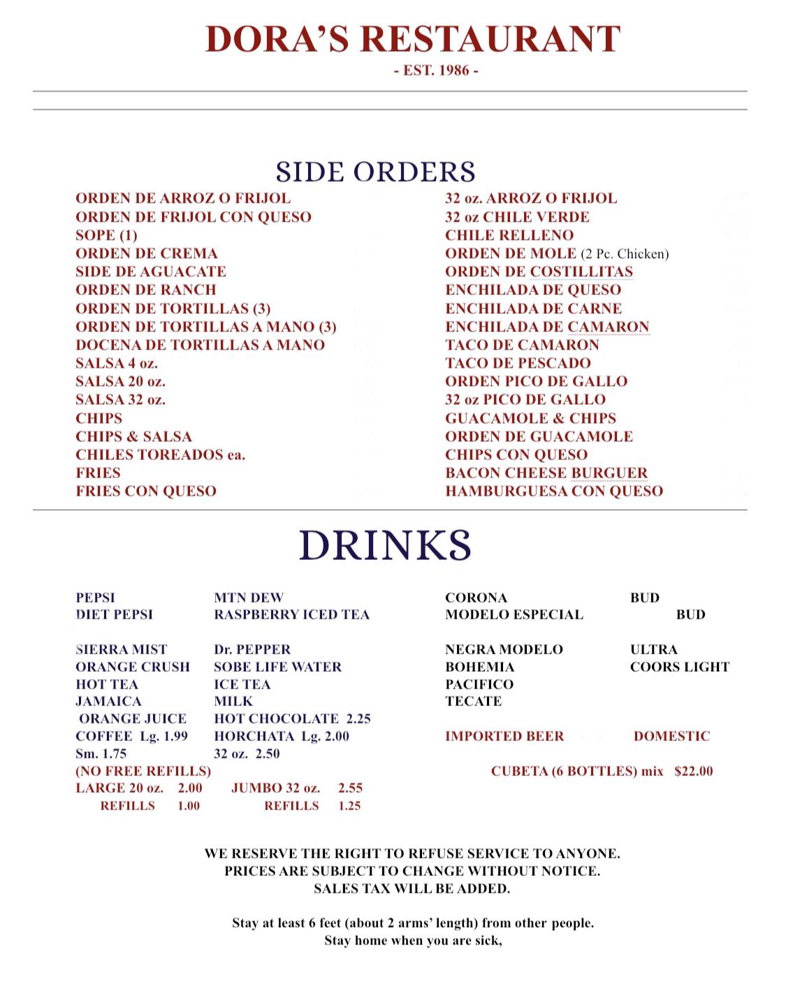 Menu at Dora's Restaurant, Woodlake