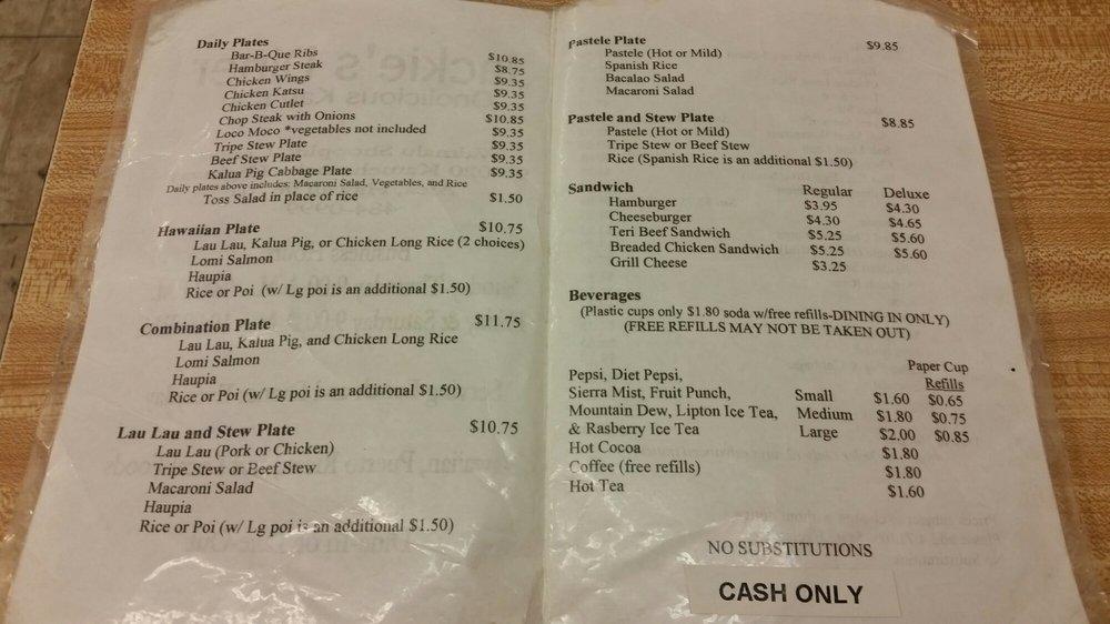 Menu at Jackie's Diner restaurant, Aiea