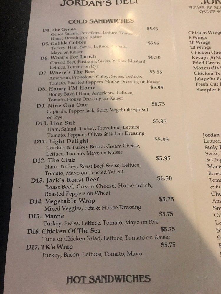 Menu at Jordan's Deli & Catering pub & bar, Gahanna, 471 Morrison Rd