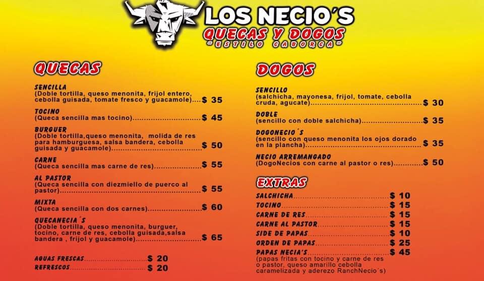 Menu at Los Necio’s Q&D restaurant, Hermosillo