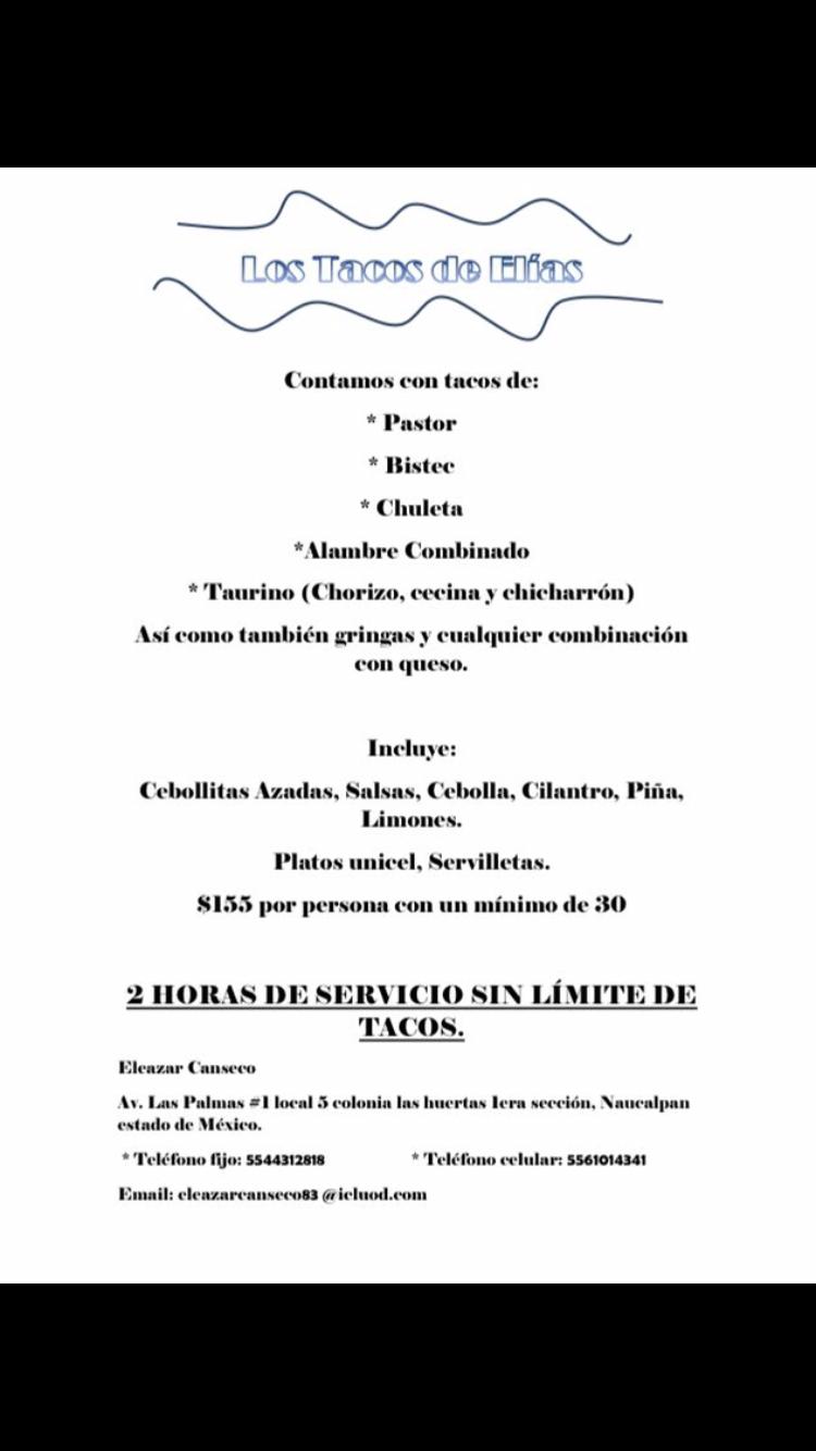 Menu at Los Tacos De Elías restaurant, Naucalpan
